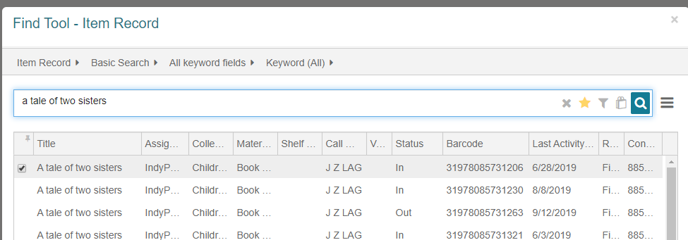 Search: Column Settings – IndyPL Shared System