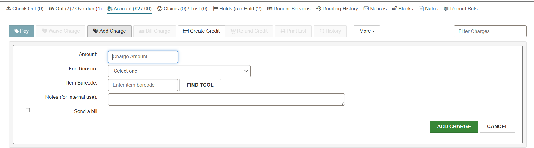 Add a Charge to an Account – IndyPL Shared System